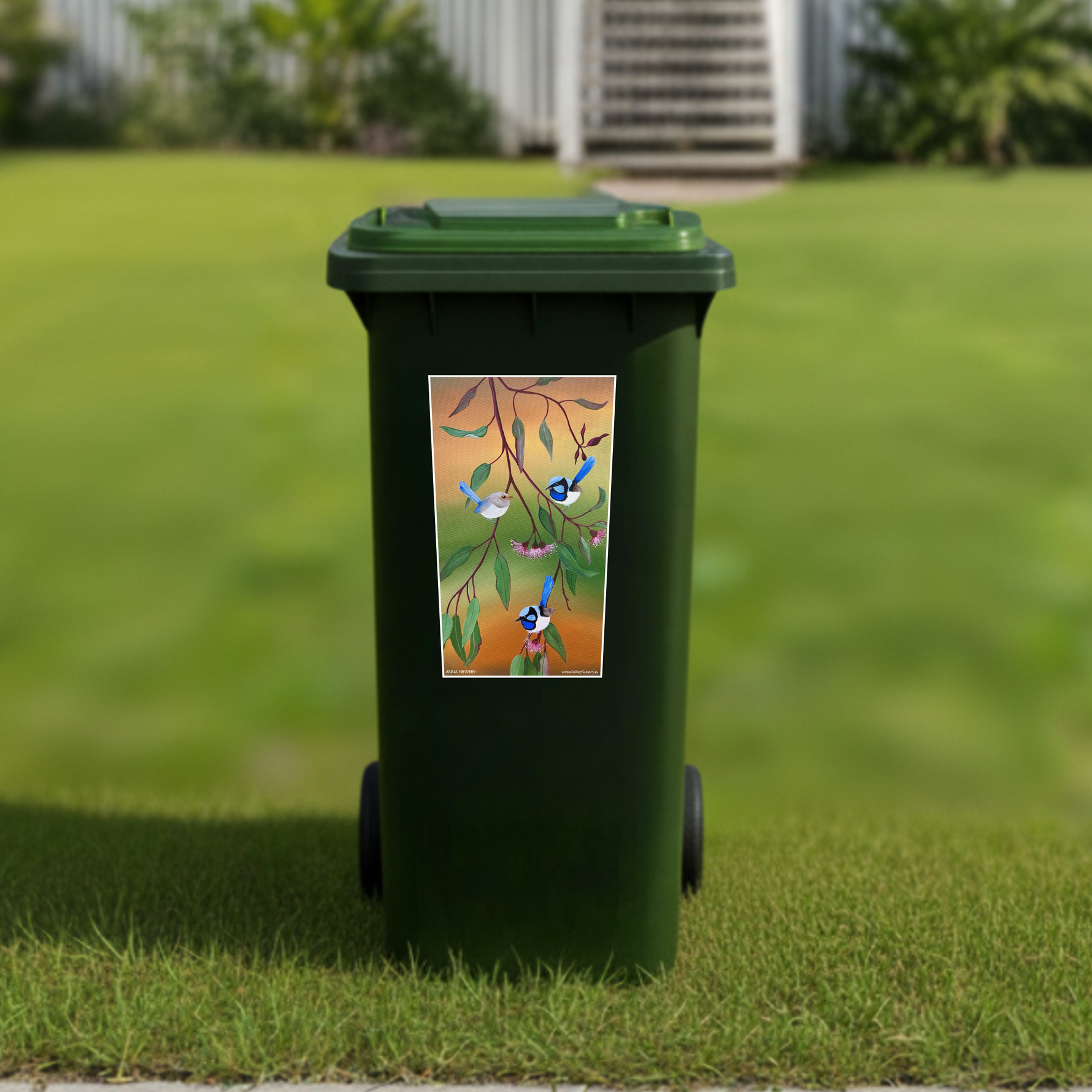 Dancing blue wrens wheelie bin sticker