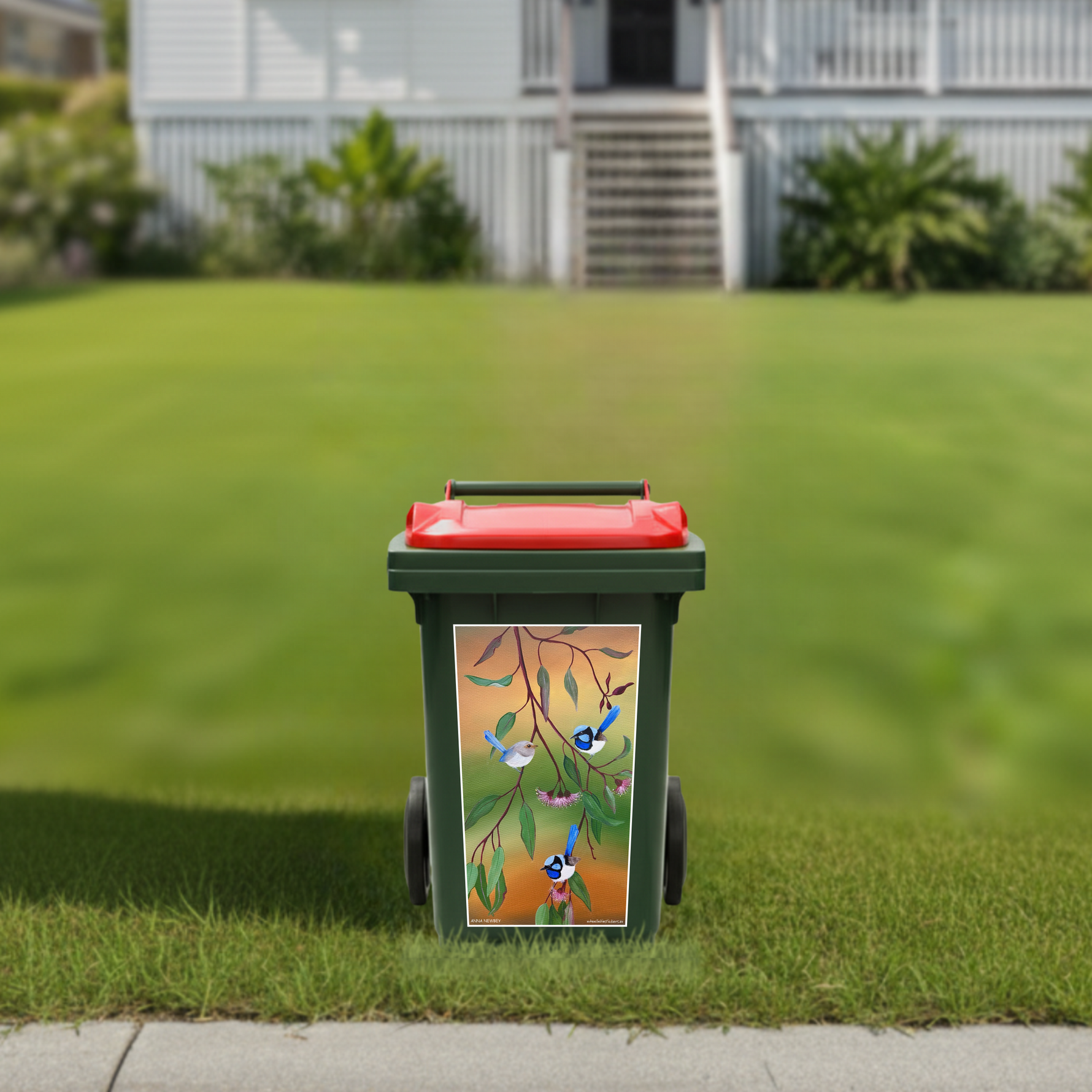 Dancing blue wrens wheelie bin sticker